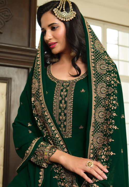 Buy Embroidered Georgette Pakistani Suit in Dark Green Online ...