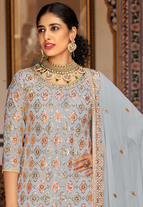 Buy Embroidered Georgette Pakistani Suit in Dusty Blue Online : KBN1042 ...