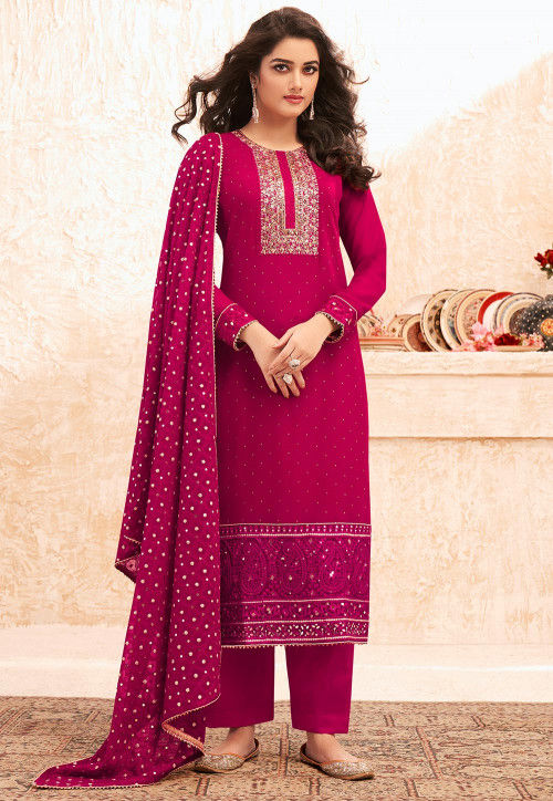 Embroidered Georgette Pakistani Suit in Fuchsia : KCH6475