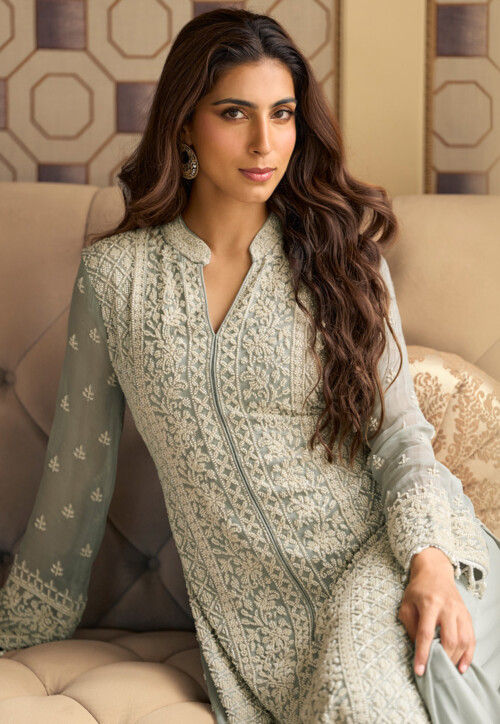 Buy Embroidered Georgette Pakistani Suit in Light Blue Online ...