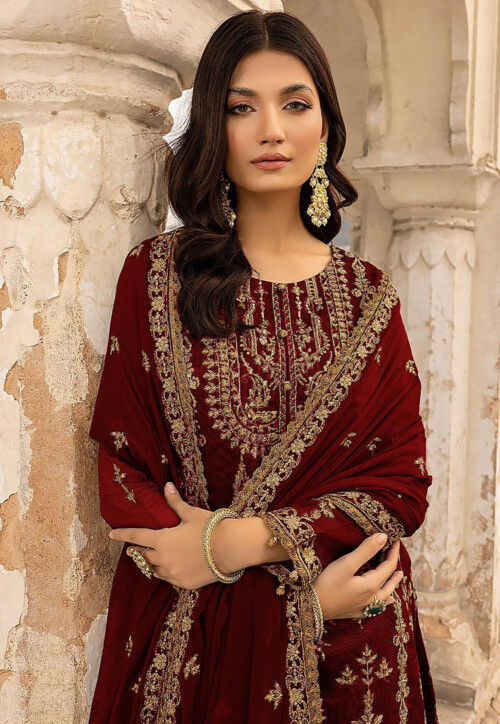 Buy Embroidered Georgette Pakistani Suit in Maroon Online : KRD274 ...