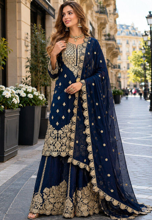 Buy Embroidered Georgette Pakistani Suit in Navy Blue Online : KQT991 ...