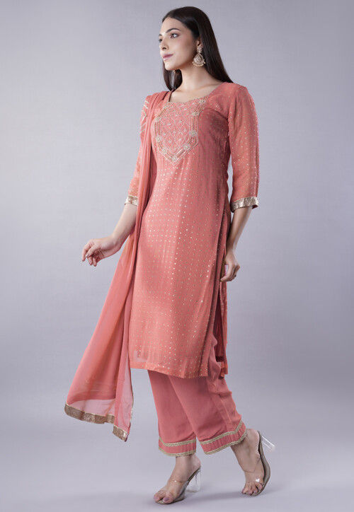 Buy Embroidered Georgette Pakistani Suit in Peach Online : KUR0232 ...