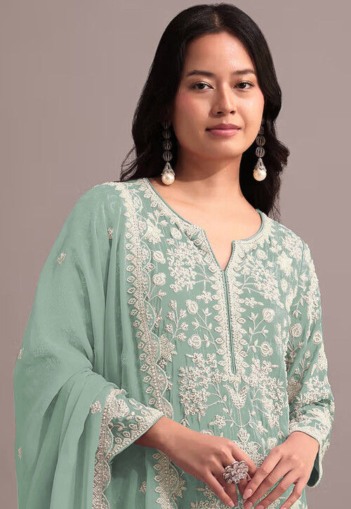 Buy Embroidered Georgette Pakistani Suit in Sea Green Online : KRD353 ...