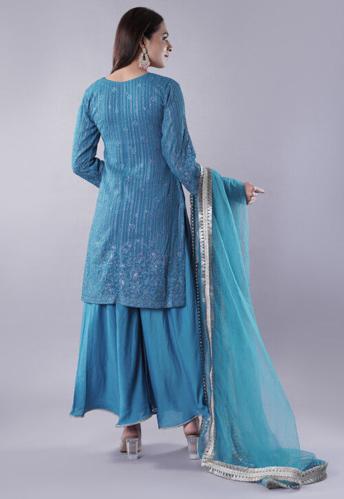 Buy Embroidered Georgette Pakistani Suit in Sky Blue Online : KUR0255 ...