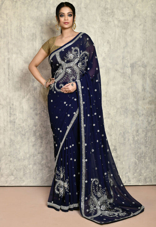 Buy Embroidered Georgette Saree in Navy Blue Online : SEH4517 - Utsav ...
