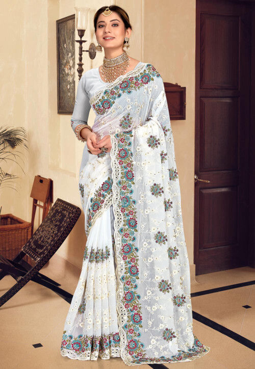 Buy Embroidered Georgette Saree in Off White Online : SCBA3948 - Utsav ...