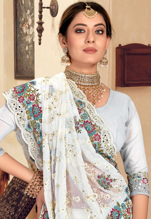 Buy Embroidered Georgette Saree in Off White Online : SCBA3948 - Utsav ...