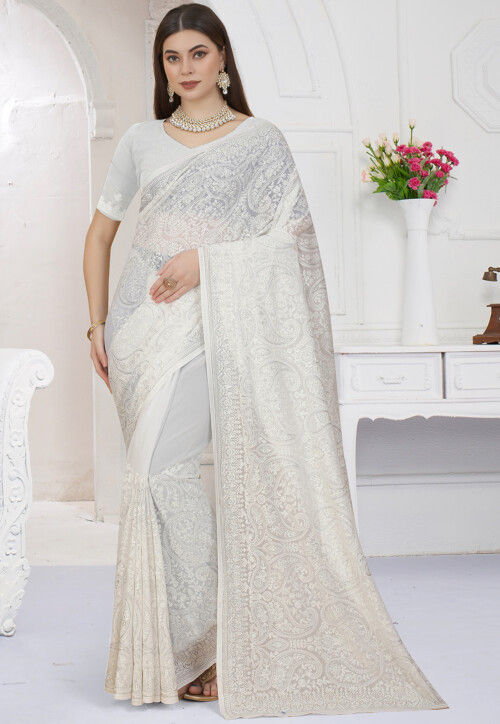 Buy Embroidered Georgette Saree in Off White Online : SCBA4395 - Utsav ...