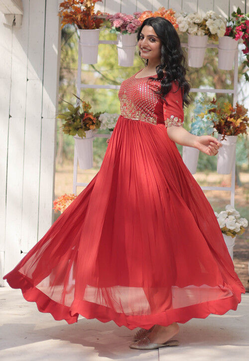 Buy Embroidered Georgette Scalloped Hem Gown in Orange Online : TWJ5187 ...