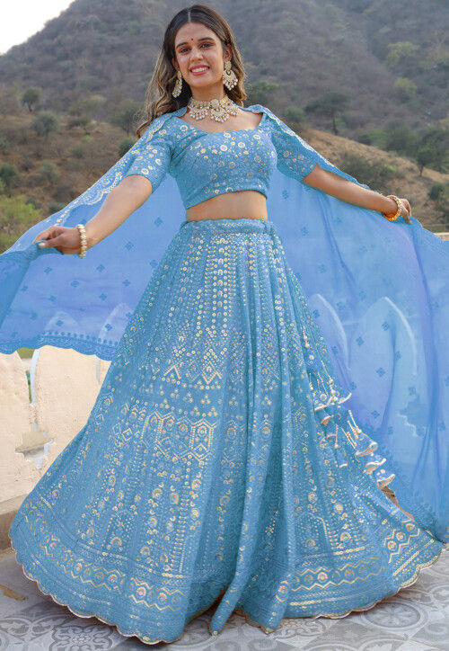 Buy Embroidered Georgette Scalloped Lehenga in Light Blue Online ...