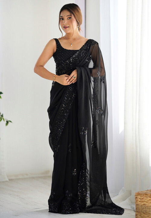 Buy Embroidered Georgette Scalloped Saree in Black Online : SPF15076 ...