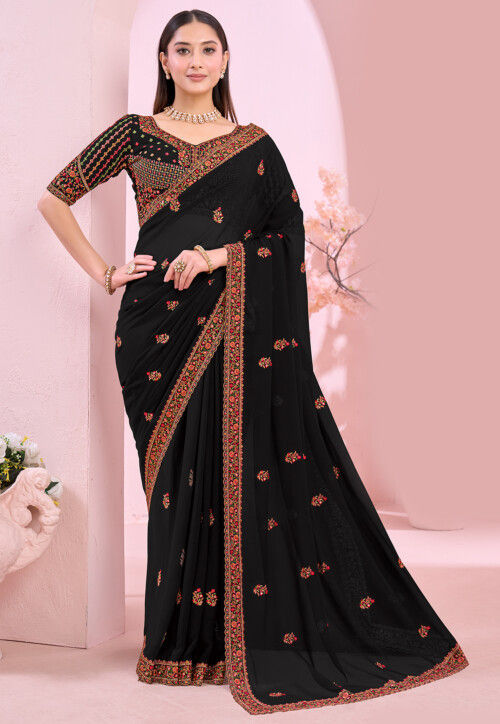 Buy Embroidered Georgette Scalloped Saree in Black Online : SSEA10548 ...