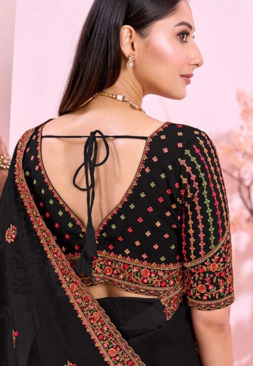 Buy Embroidered Georgette Scalloped Saree in Black Online : SSEA10548 ...