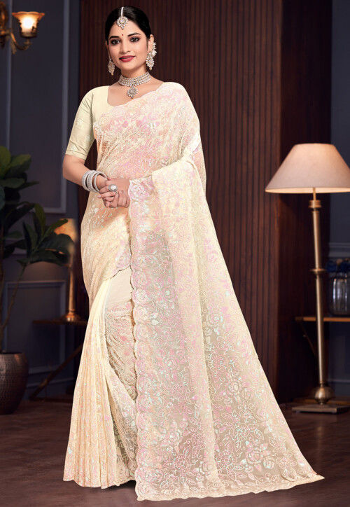 Buy Embroidered Georgette Scalloped Saree in Light Beige Online ...