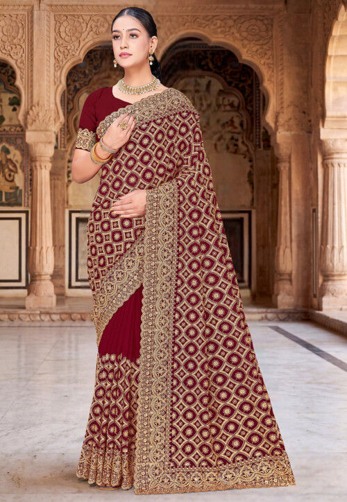 Buy Embroidered Georgette Scalloped Saree in Maroon Online : SCBA6465 ...
