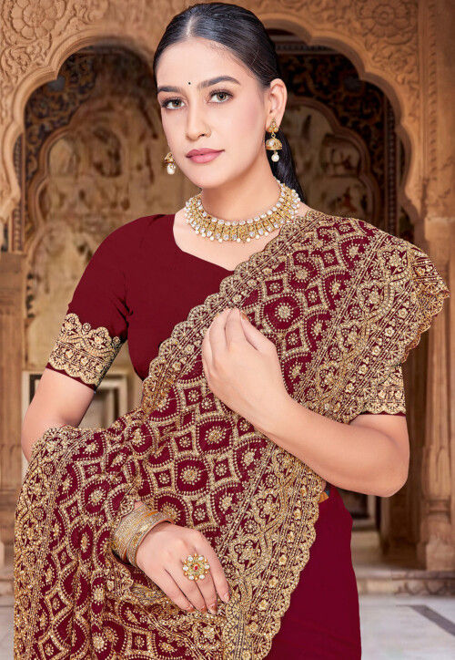 Buy Embroidered Georgette Scalloped Saree in Maroon Online : SCBA6465 ...