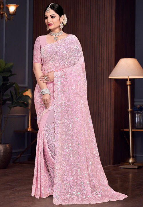 Buy Embroidered Georgette Scalloped Saree in Pink Online : SCBA5901 ...