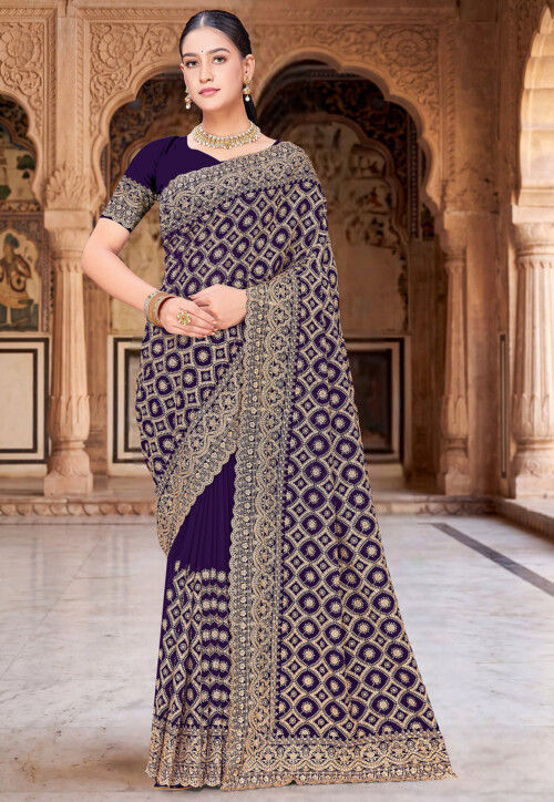 Buy Embroidered Georgette Scalloped Saree in Purple Online : SCBA6466 ...