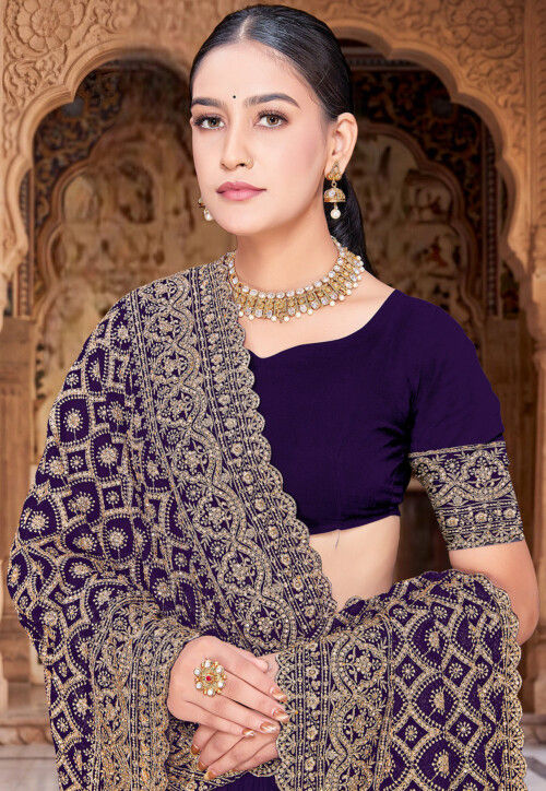 Buy Embroidered Georgette Scalloped Saree in Purple Online : SCBA6466 ...