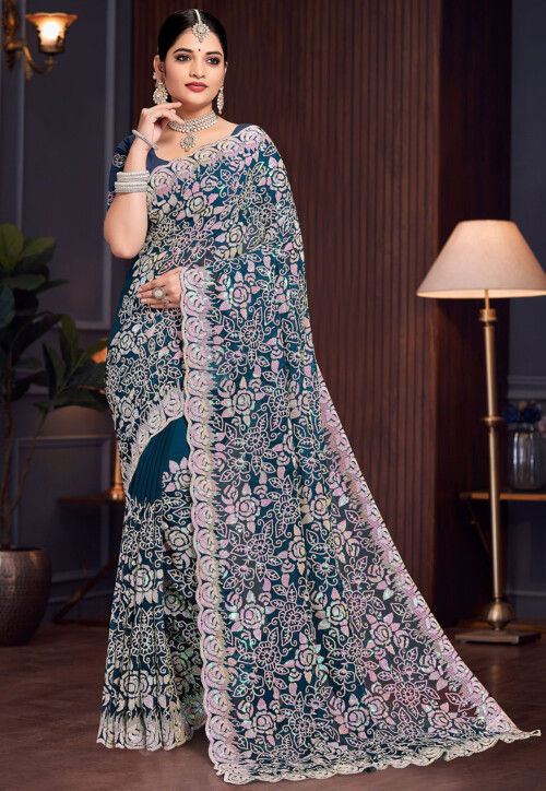Buy Embroidered Georgette Scalloped Saree in Teal Blue Online ...