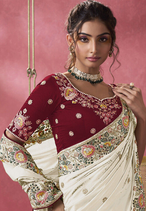 Buy Embroidered Georgette Shimmer Saree in Off White Online : SET373 ...