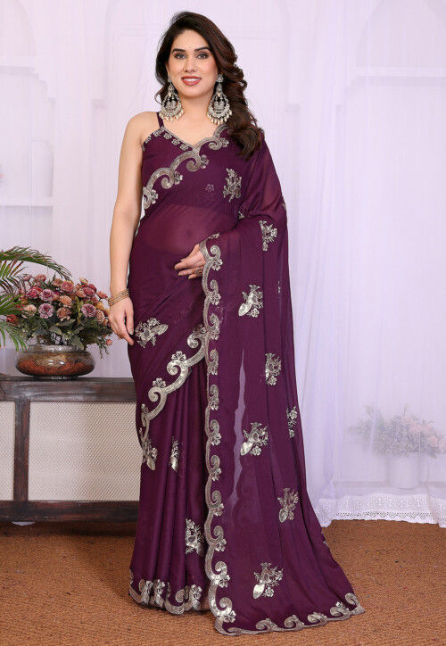 Buy Embroidered Georgette Silk Scalloped Saree in Violet Online ...