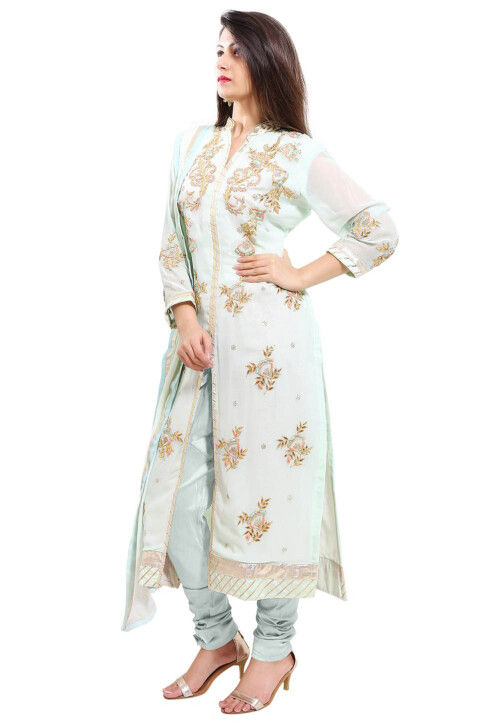 Buy Embroidered Georgette Straight Cut Suit in Light Sea Green Online ...