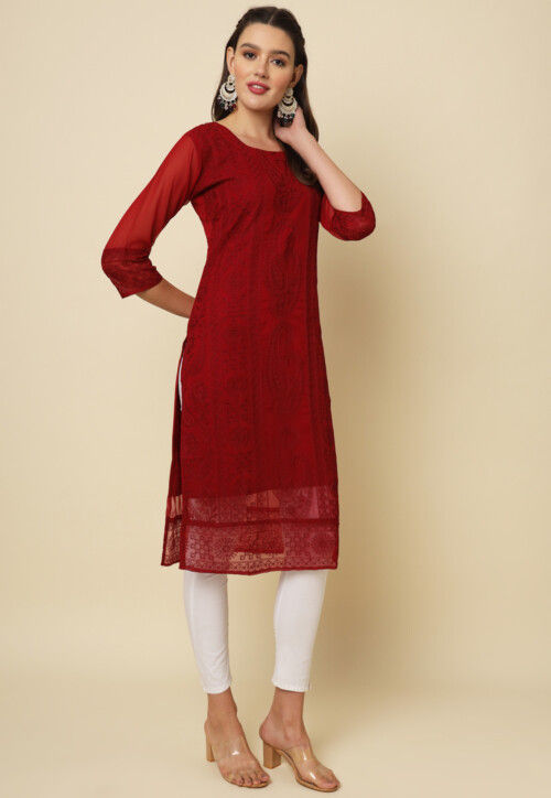 Buy Embroidered Georgette Straight Kurta in Maroon Online : TPA3481 ...