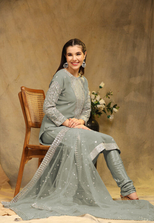 Buy Embroidered Georgette Straight Suit in Grey Online : KRY1663 ...