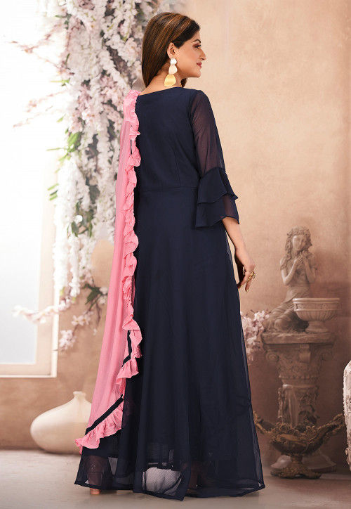 Buy Embroidered Georgette Straight Suit in Navy Blue Online : KBX65 ...