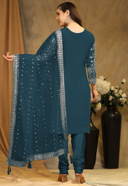 Buy Embroidered Georgette Straight Suit in Teal Blue Online : KUF16413 ...