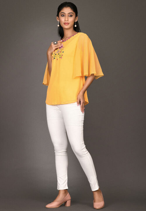 Buy Embroidered Georgette Top in Mustard Online : TUF1526 - Utsav Fashion