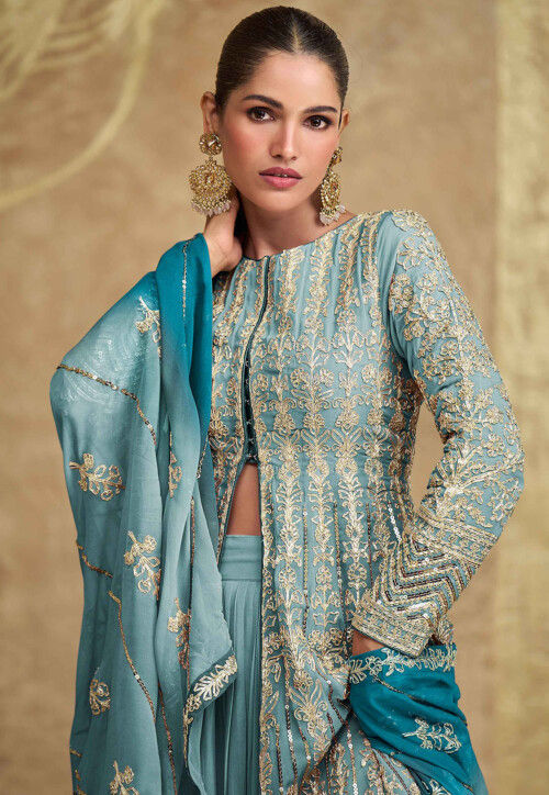 Buy Embroidered Gerogette Lehenga in Shaded Teal Blue Online : LCC3560 - Utsav Fashion