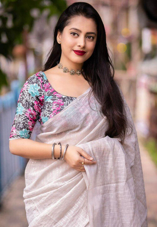 Buy Embroidered Linen Saree in Light Grey Online : SCCA175 - Utsav Fashion