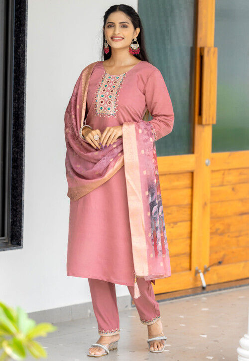 Buy Embroidered Modal Silk Pakistani Suit in Peach Online : KJC4967 ...