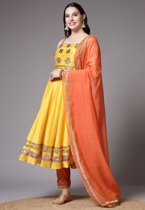 Buy Embroidered Muslin Cotton Aline Suit in Yellow Online : KUR105 ...