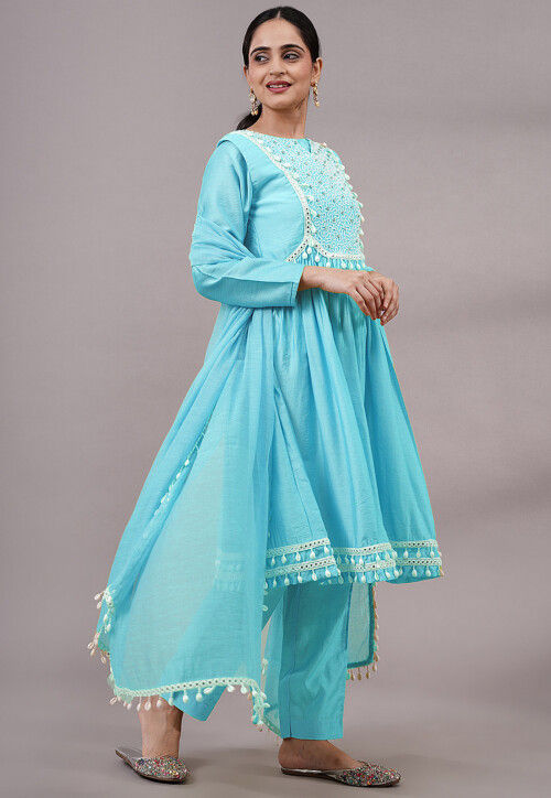 Buy Embroidered Muslin Silk Aline Suit in Light Blue Online : KUR653 ...