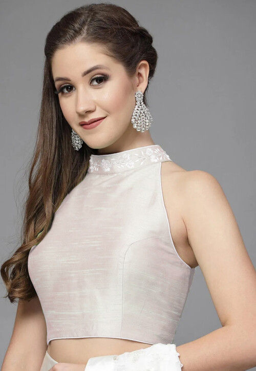 Buy Embroidered Neck Matka Silk Back Cut Out Blouse in Off White Online ...