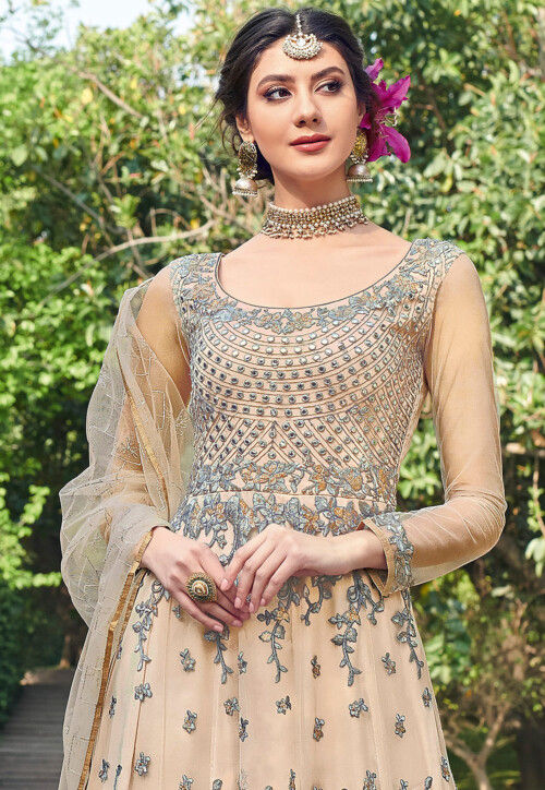 Buy Embroidered Net Abaya Style Suit in Beige Online : KUF16414 - Utsav ...