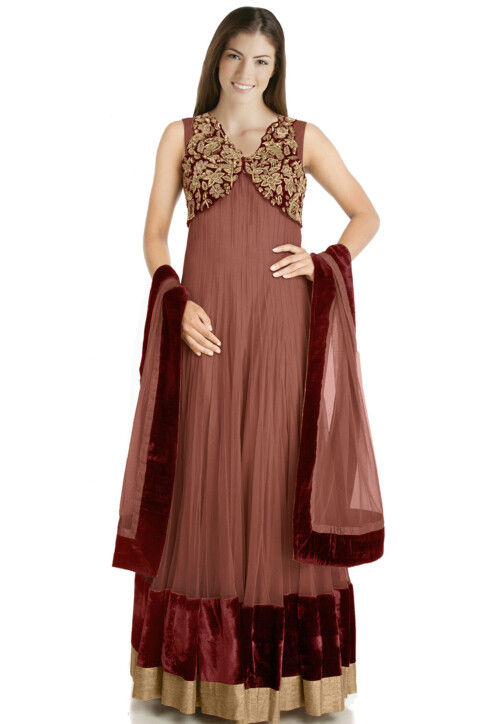 Buy Embroidered Net Abaya Style Suit in Brown Online : KVE584 - Utsav ...