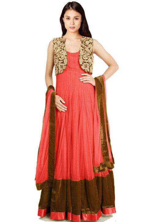 Buy Embroidered Net Abaya Style Suit in Dark Peach Online : KVE603 ...