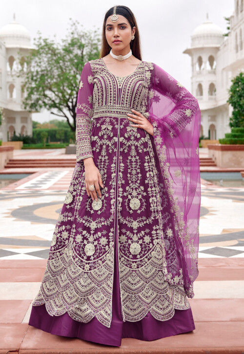 Buy Embroidered Net Abaya Style Suit in Purple Online : KCH15670 ...