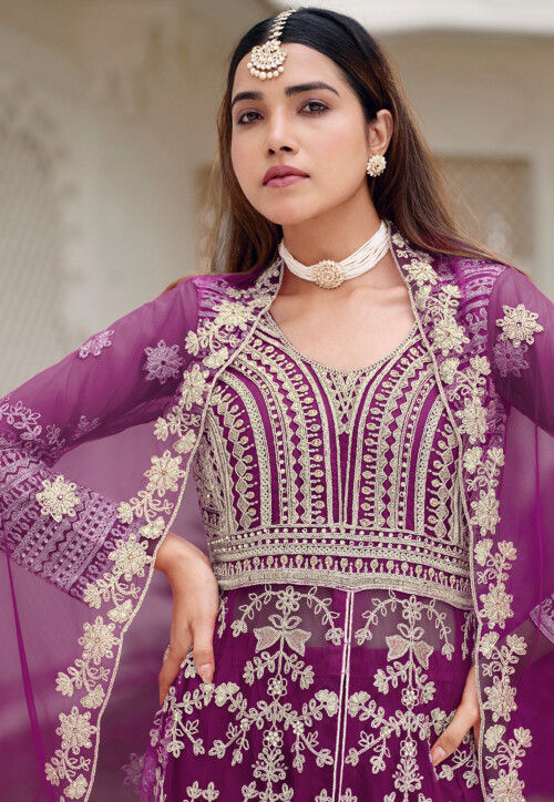 Buy Embroidered Net Abaya Style Suit in Purple Online : KCH15670 ...