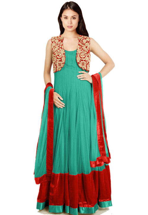 Buy Embroidered Net Abaya Style Suit in Sea Green Online : KVE600 ...