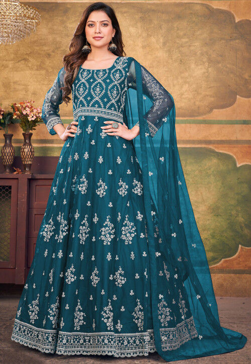 Buy Embroidered Net Abaya Style Suit in Teal Blue Online : KCH10995 ...