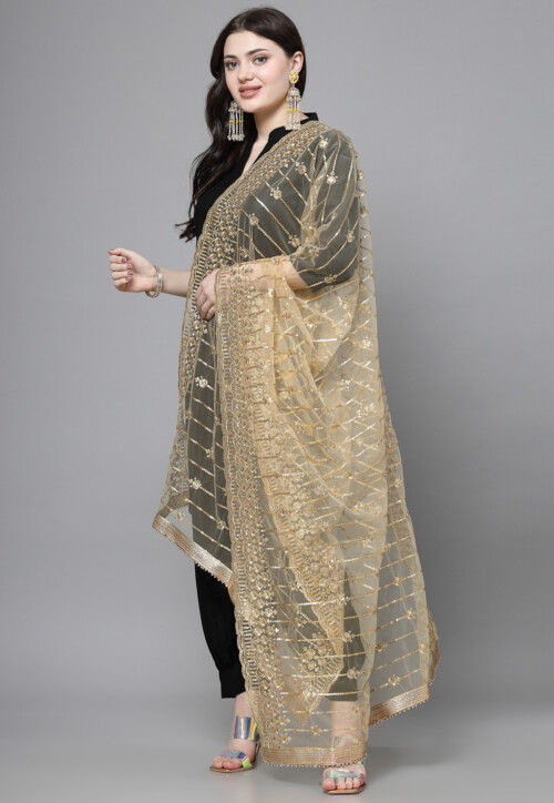 Buy Embroidered Net Dupatta in Golden Online : BGJ1425 - Utsav Fashion