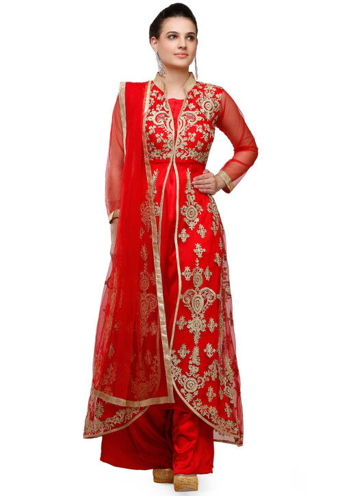 Buy Embroidered Net Front Slit Pakistani Suit in Red Online : KCJ273 ...