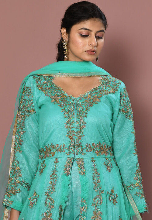 Buy Embroidered Net Front Slit Pakistani Suit in Turquoise Online ...