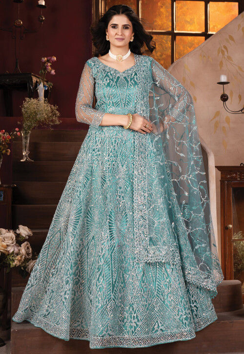 Buy Embroidered Net Lehenga in Blue Online : LDD81 - Utsav Fashion